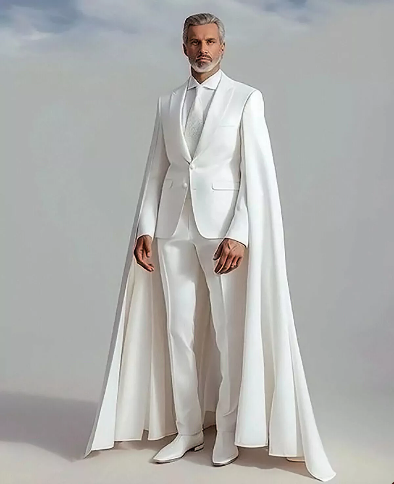 White Men's Suits with Cape Streetshot Wedding Groom Tuxedos Long Jacket Pants | eBay