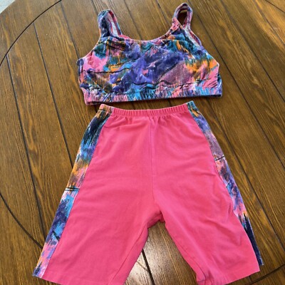 Vintage 80s Aerobic Workout 2Pc Pink Bold Print X Back Bra Biker Shorts ...