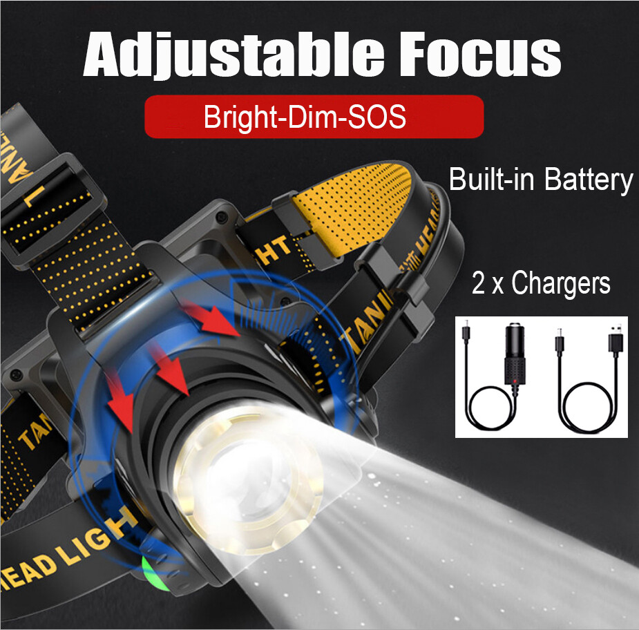 990000LM LED Headlamp Rechargeable Headlight Zoomable Head Torch Lamp ...