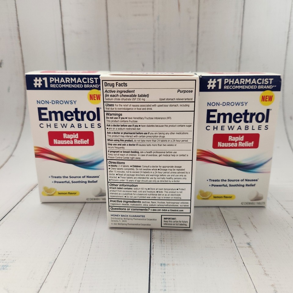 3× Emetrol Chewables for Rapid Nausea Relief Lemon Flavor 42 Tablets ...