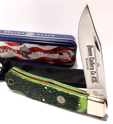 Queen USA Green Jigged Bone Handles Lockback Folding Pocket Knife ...