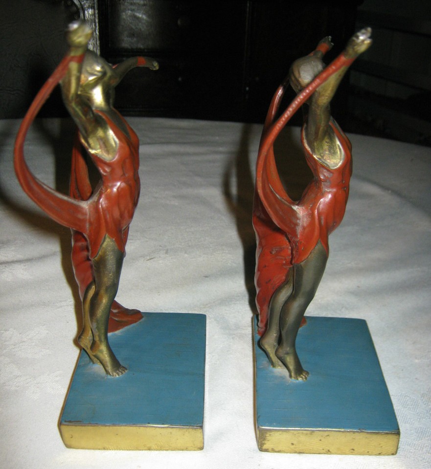 ANTIQUE ART DECO SCARF LADY DANCING BOOKENDS CRESCENT METAL ART WORKS ...