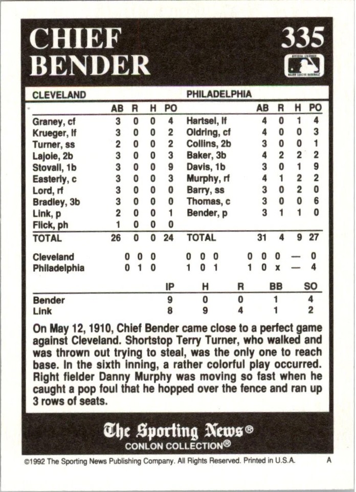 1992 Conlon Collection Sporting News 😍 CHIEF BENDER 🤩 No-Hitter Card ...