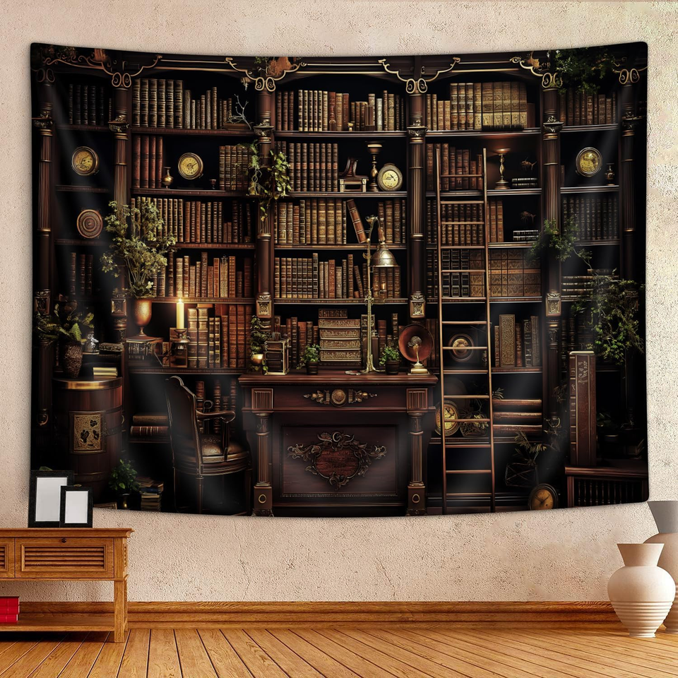 Vintage Gothic Bookshelf Tapestry, Medieval Witchy Library Book ...