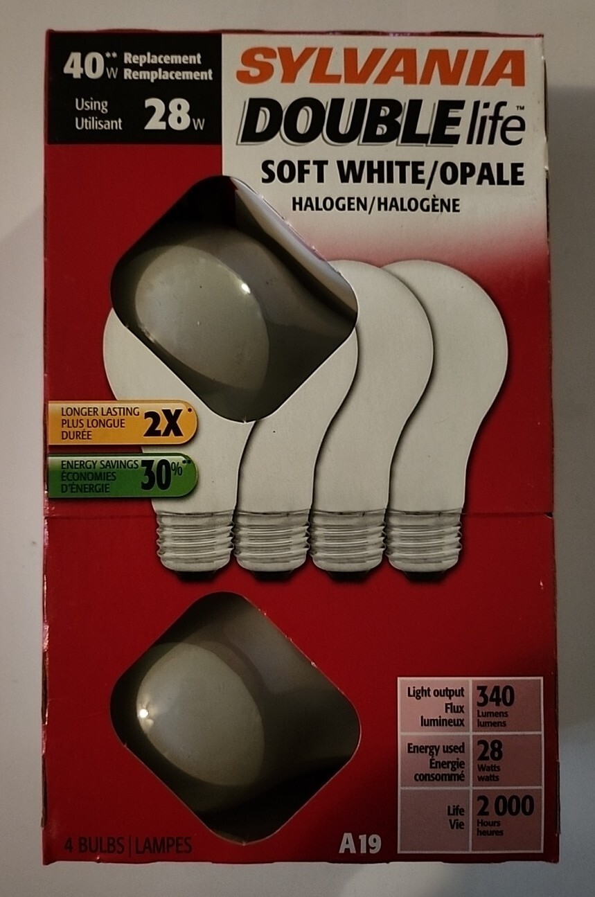 SYLVANIA Double Life Tungsten Halogen Lamp A19 28 Watts 120 Volts ...