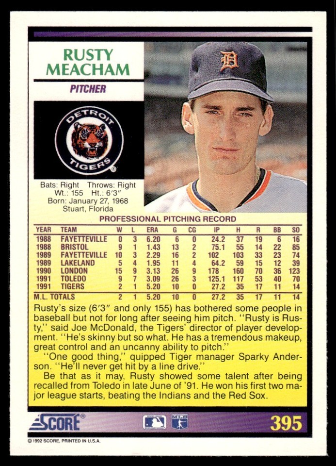 1992 Score Baseball Card Rusty Meacham Rookie Detroit Tigers #395 | eBay