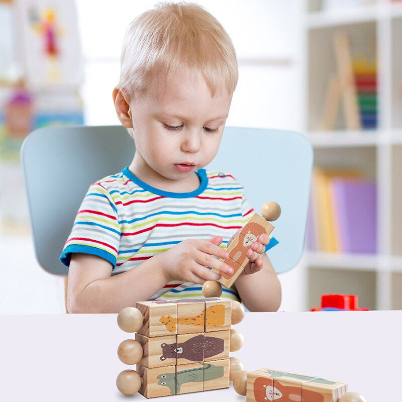 Wooden Toy Baby Wooden Rotating Animal Jigsaw Puzzle Bell Rotary Rattle ...