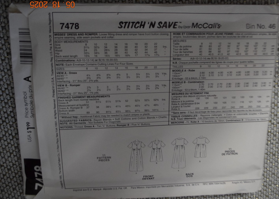 McCalls Pattern 7478 Misses Dress Romper Collared Button Front Sz 8-14 ...