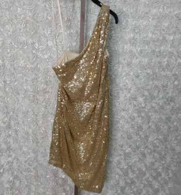 NWT BEAUTIFUL SIZE LARGE GOLD SEQUINS ASYMMETRICAL PROM OR FORMAL DRESS ...