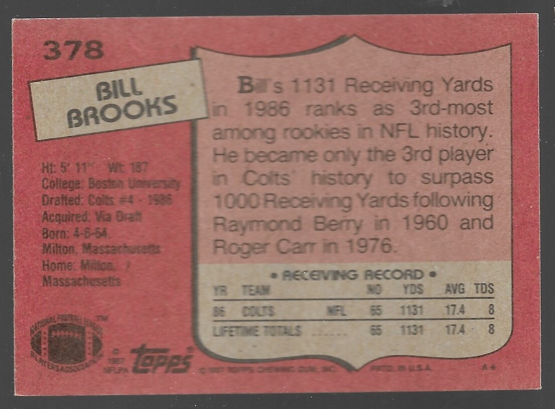 1987 Topps Bill Brooks 378 Super Rookie Baltimore Colts Football Card ...