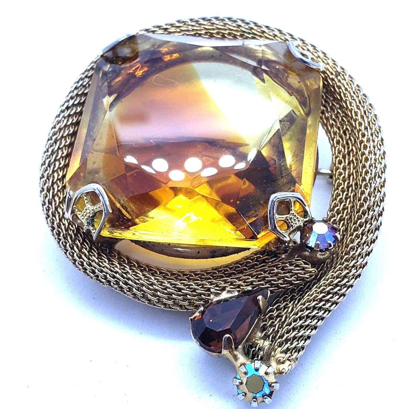 Topaz Colored Brooch Faceted Glass Rhinestone Mesh Gold Tone Unsigned ...
