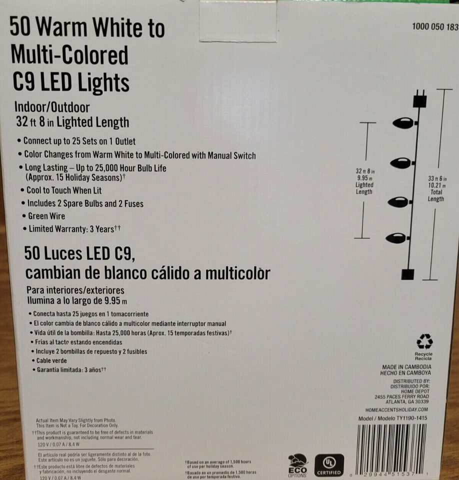 Home Accents 50 LED C9 Color Changing Christmas Lights Warm White or ...