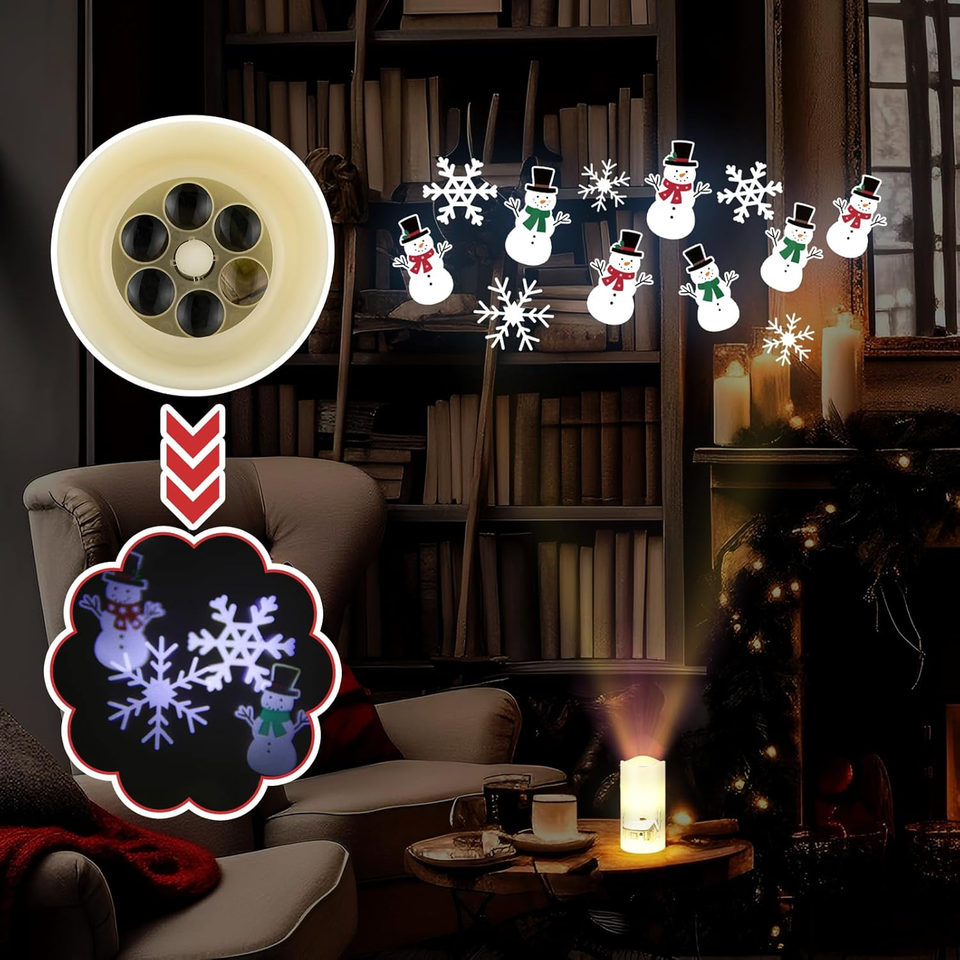 Christmas Flameless Candle Snowflake Snowman Projector Light Colorful ...