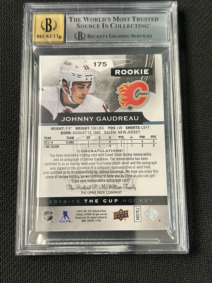 2014-15 The Cup Johnny Gaudreau Rookie Patch /99 BGS 6.5 Auto 10 RC RPA ...