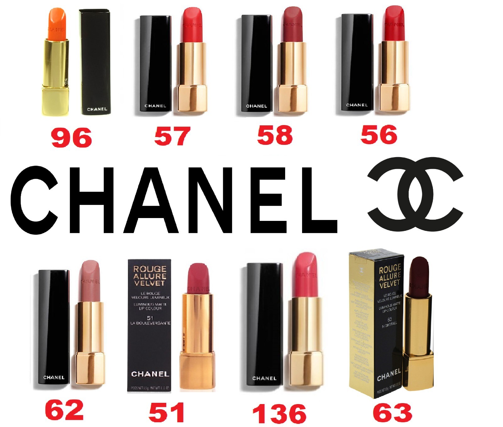 Chanel Rouge Allure Velvet Liminous Lipstick 51, 56, 57, 58, 62, 63, 96 ...