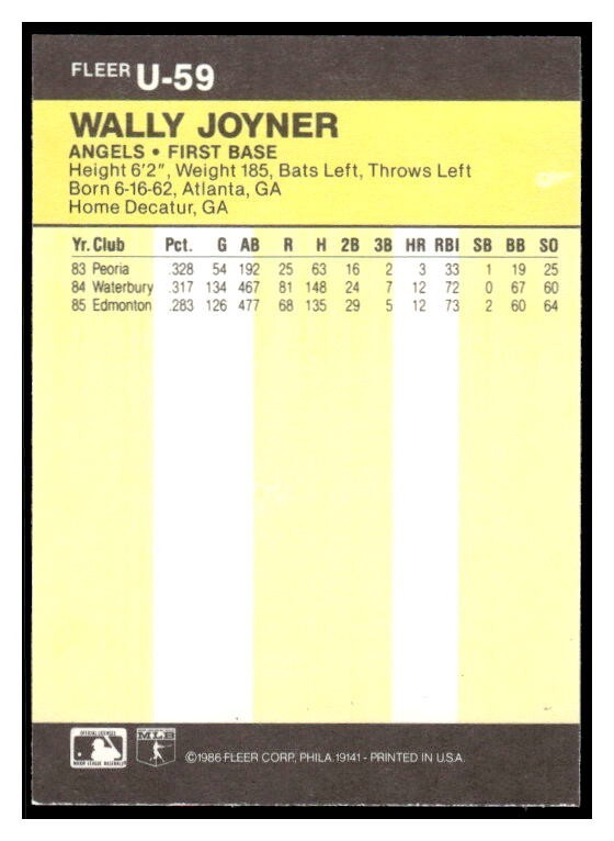 1986 Fleer Update U-59 Wally Joyner Rookie RC California Angels MLB ...