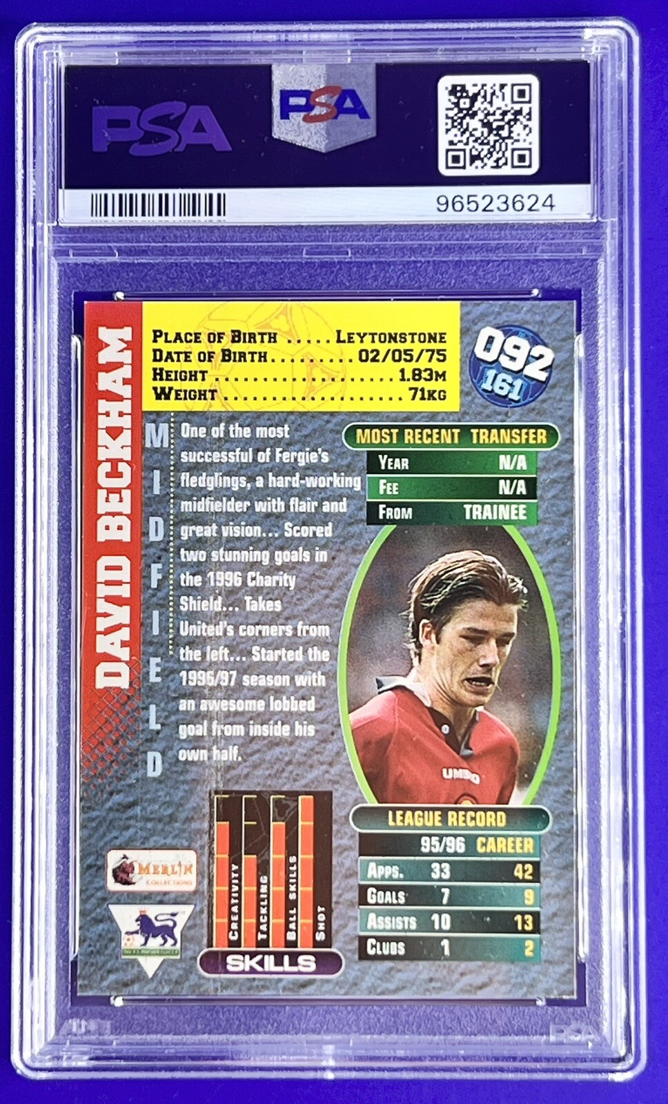 1996-97 Merlin's Premier Gold Soccer #92 David Beckham Rookie Card PSA ...