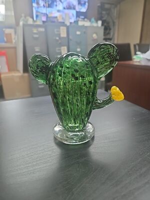 Hand Blown Glass cactus, Green / Yellow Flower, Western Desert Decor ...