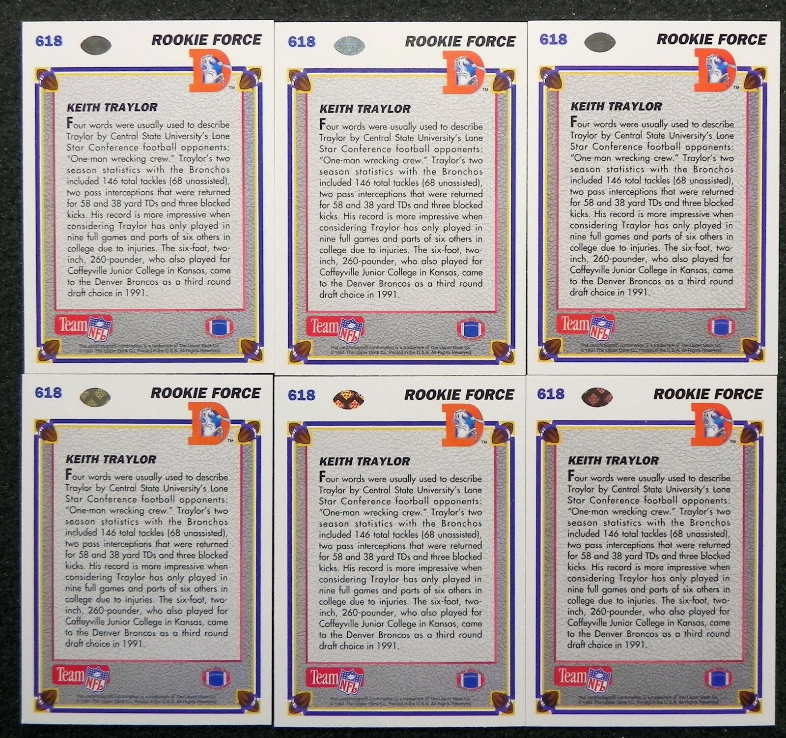 Keith Traylor 6-Rookie Card Lot 1991 Upper Deck Factory Cards #618 ...