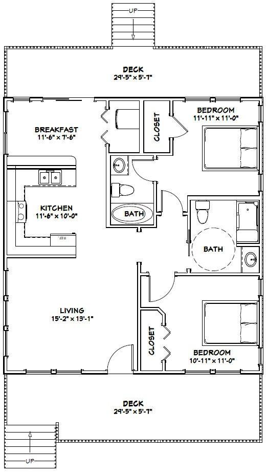 30x32 House -- 2 bedroom 2 Bath -- 960 sqft -- PDF Floor Plan -- Model ...
