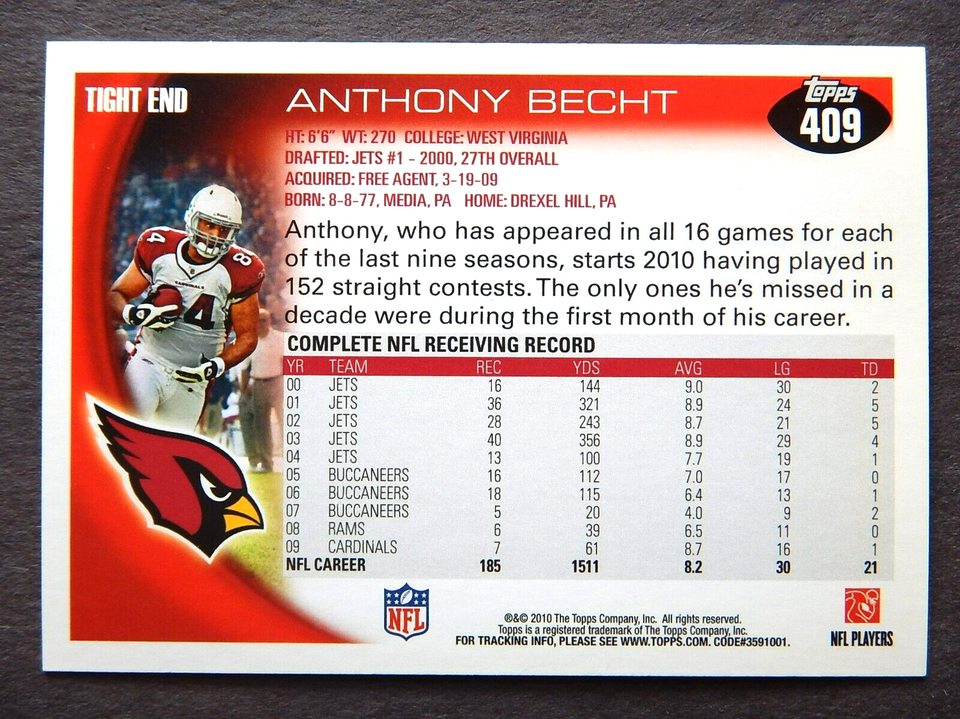 Anthony Becht #409 Topps 2010 Football Card (Arizona Cardinals) VG | eBay