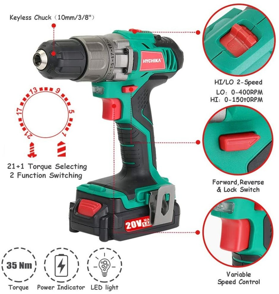 HYCHIKA Cordless Drill Driver 20V Max 35N.m &Impact Driver 2x1.5Ah ...