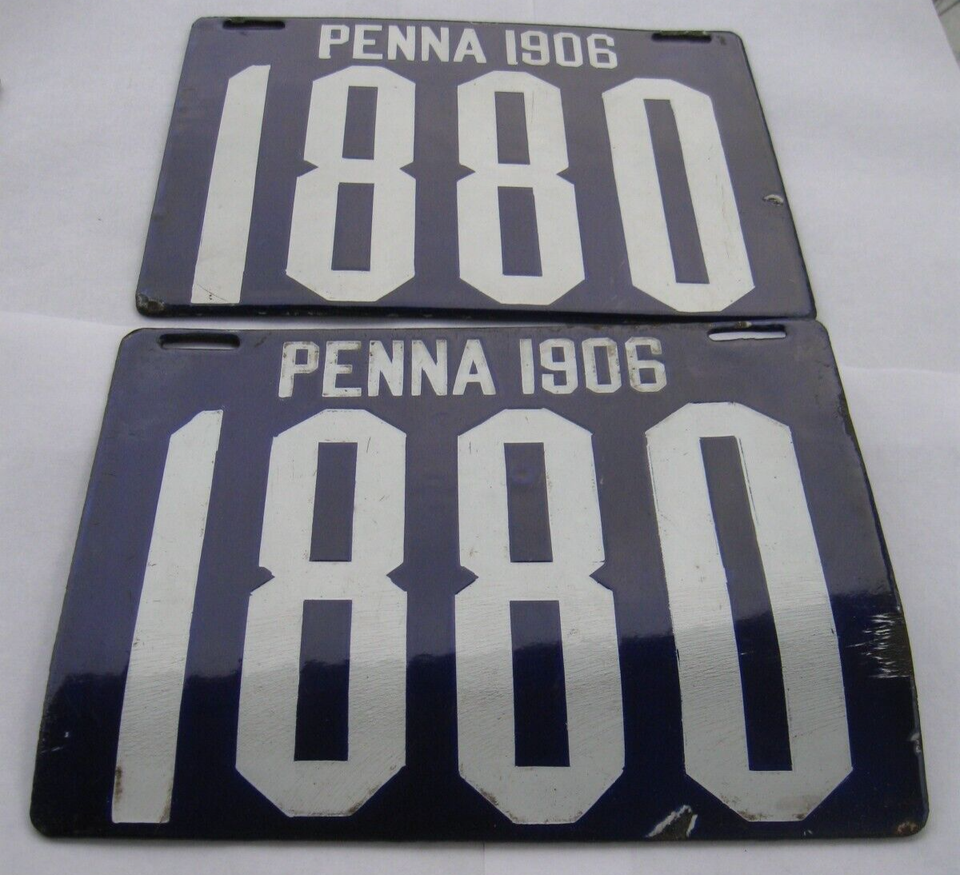 1906 PAIR PA Pennsylvania Porcelain License Plates # 1880 = BONE STOCK ...