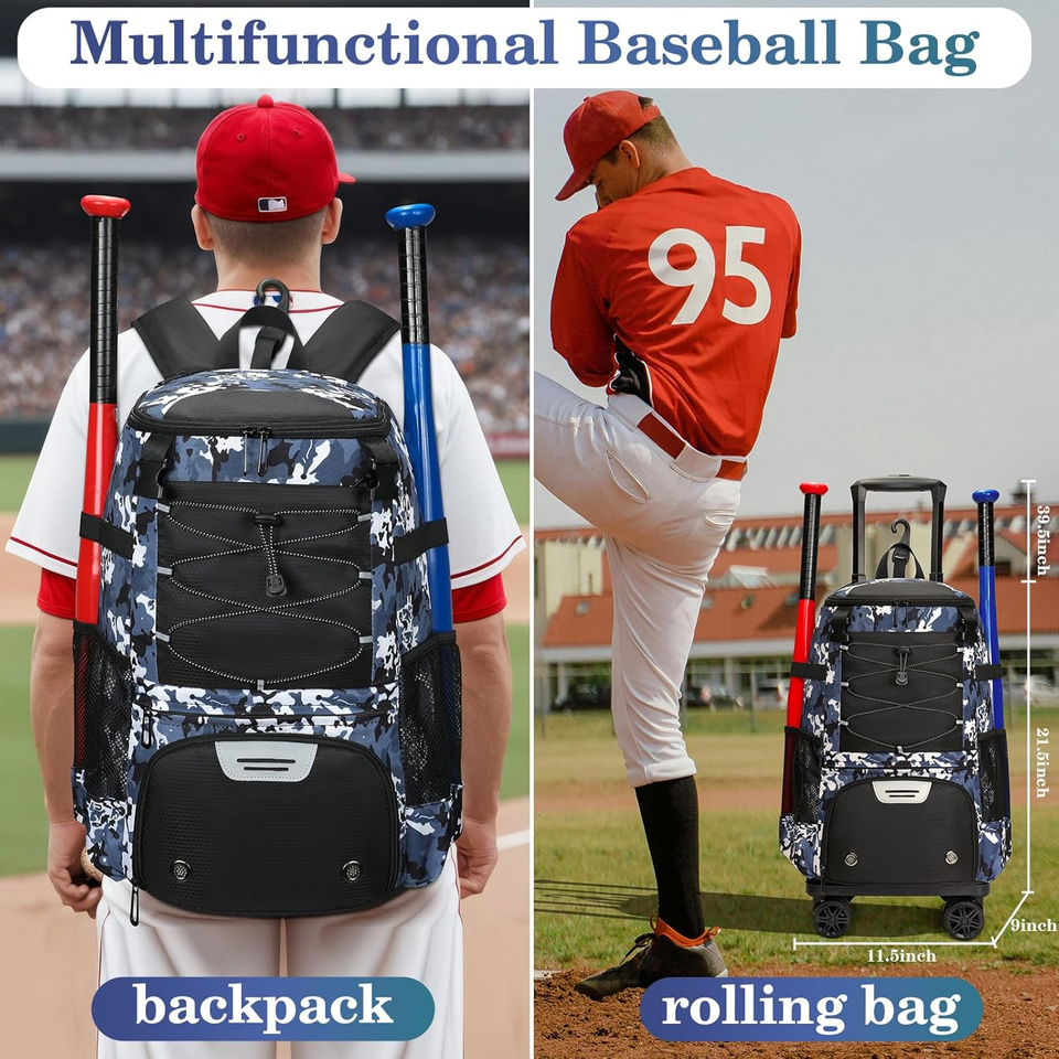Rolling Baseball Bag with Fence Hook - Wheeled Softball Bat Bag for ...