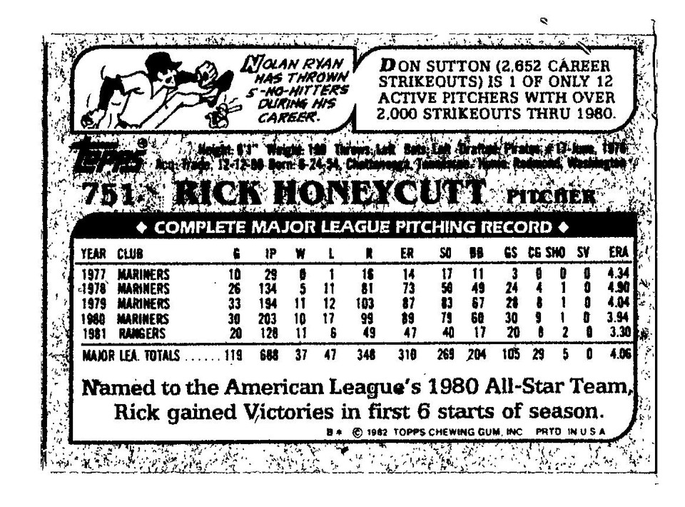 1982 Topps #751 Rick Honeycutt Texas Rangers Baseball Card | eBay