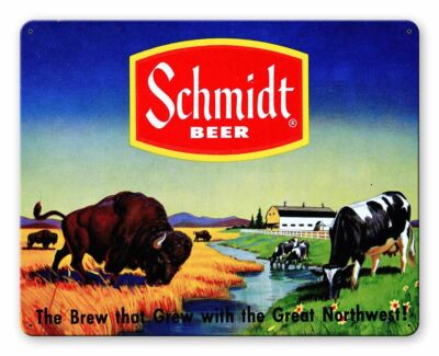 SCHMIDT BEER BISON COWS ON FARM 15" HEAVY DUTY USA MADE METAL ...