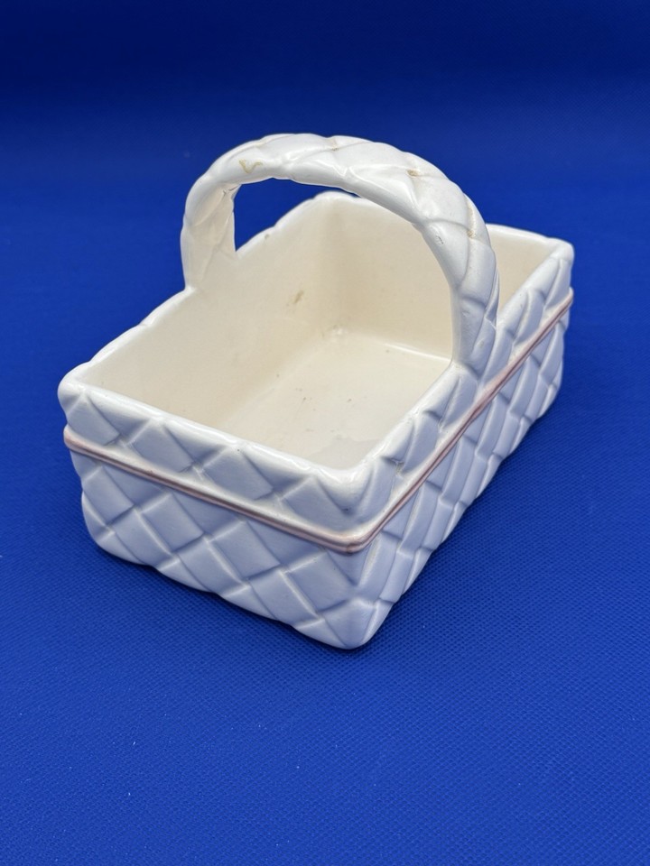 Vintage Ceramic White Rectangular Basket with Handle And Purple Flowers ...