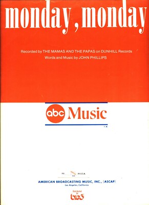 THE MAMAS AND PAPAS MONDAY, MONDAY SHEET MUSIC PIANO/VOCAL/GUITAR ...