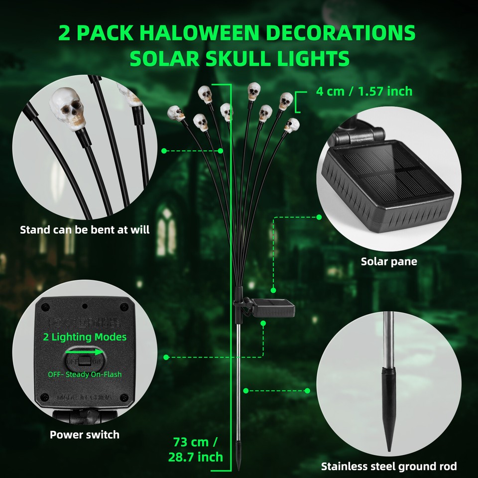 2X Halloween Decoration Outdoor Garden Solar Skull Lights Xmas Decor ...