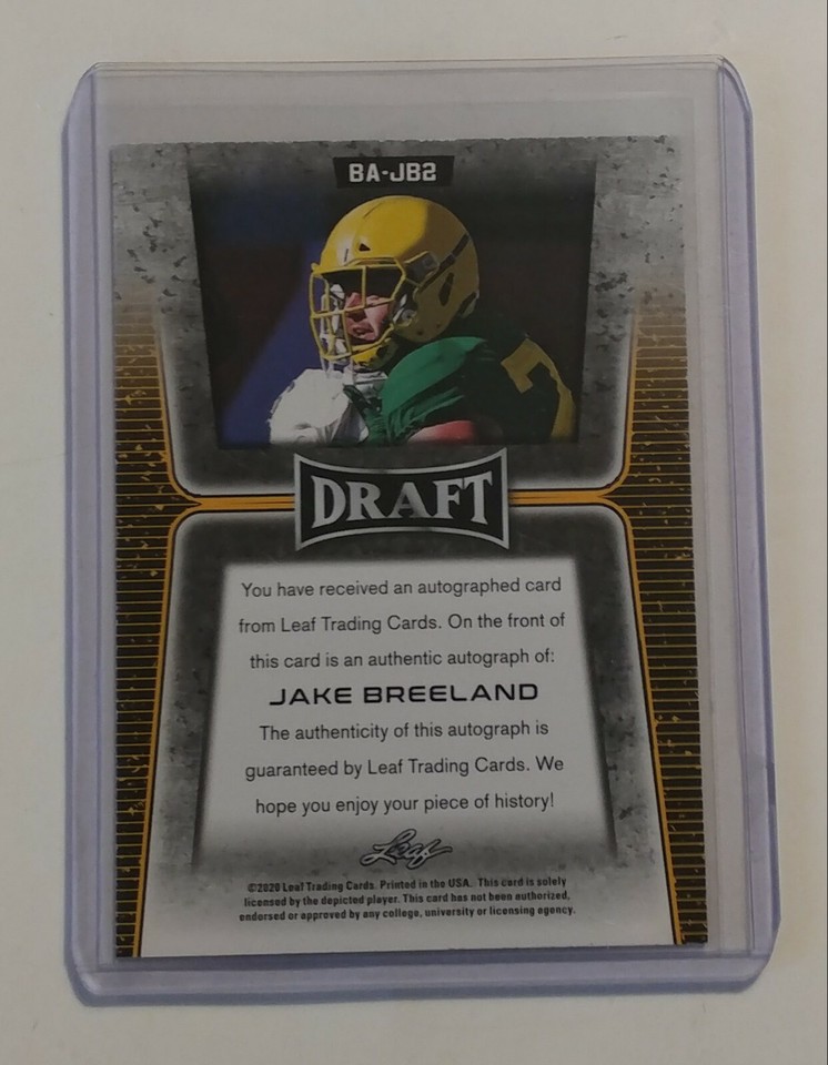 🔥2020 LEAF FOOTBALL #BA-JB2 JAKE BREELAND ROOKIE AUTO LOS ANGELES RAMS ...