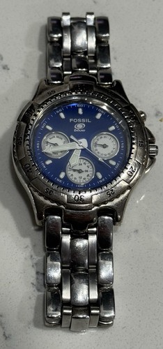 Vintage 90's FOSSIL BLUE Starmaster Mens Watch BQ-9016 Stainless Steel ...