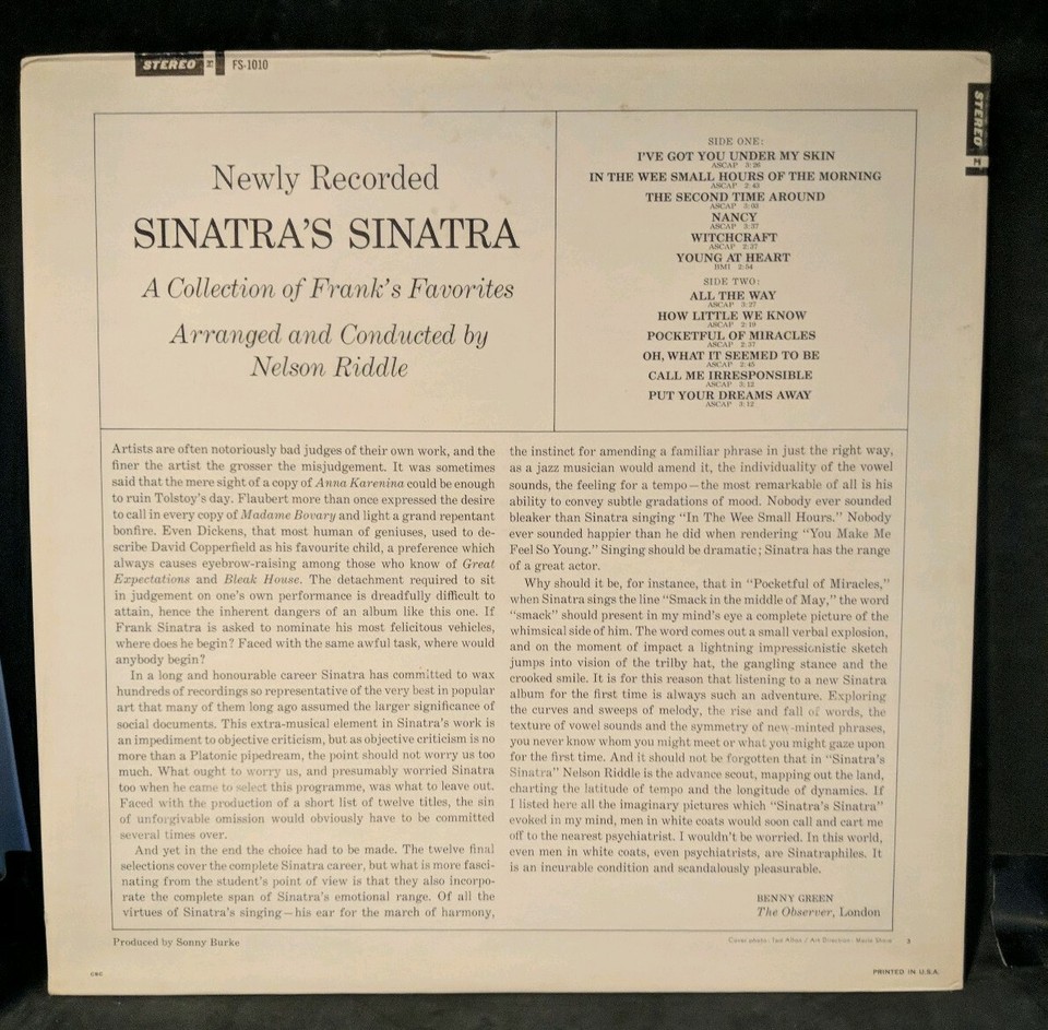 Frank Sinatra ‎Sinatra's Sinatra Sealed Inner Bag Smiling Sinatra Label ...