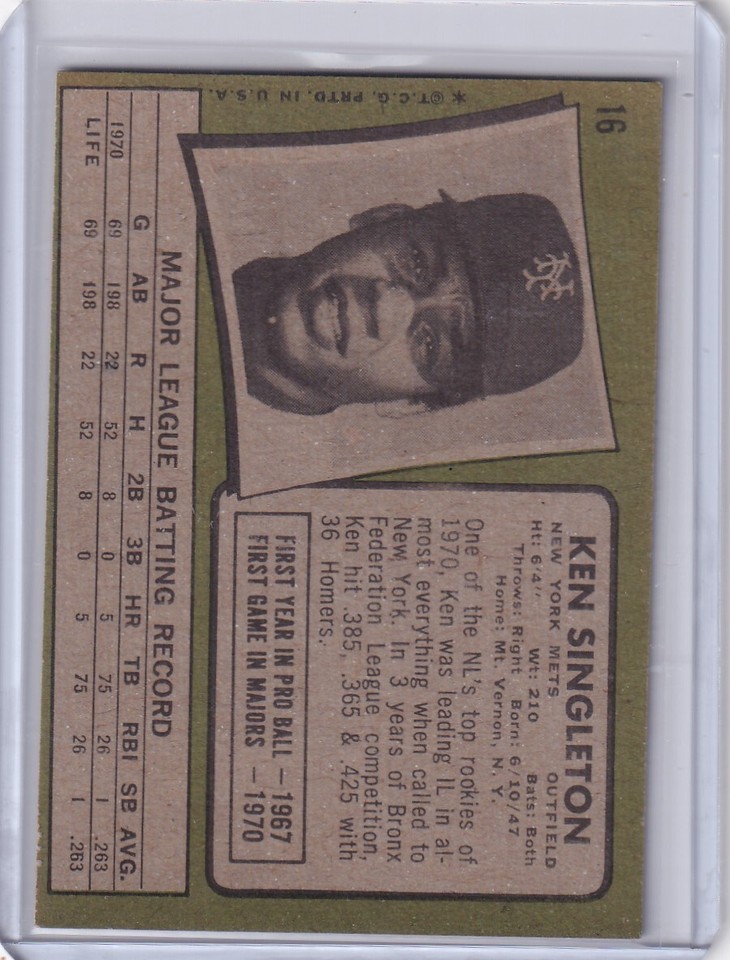 1971 Topps Baseball #16 Ken Singleton - New York Mets RC | eBay