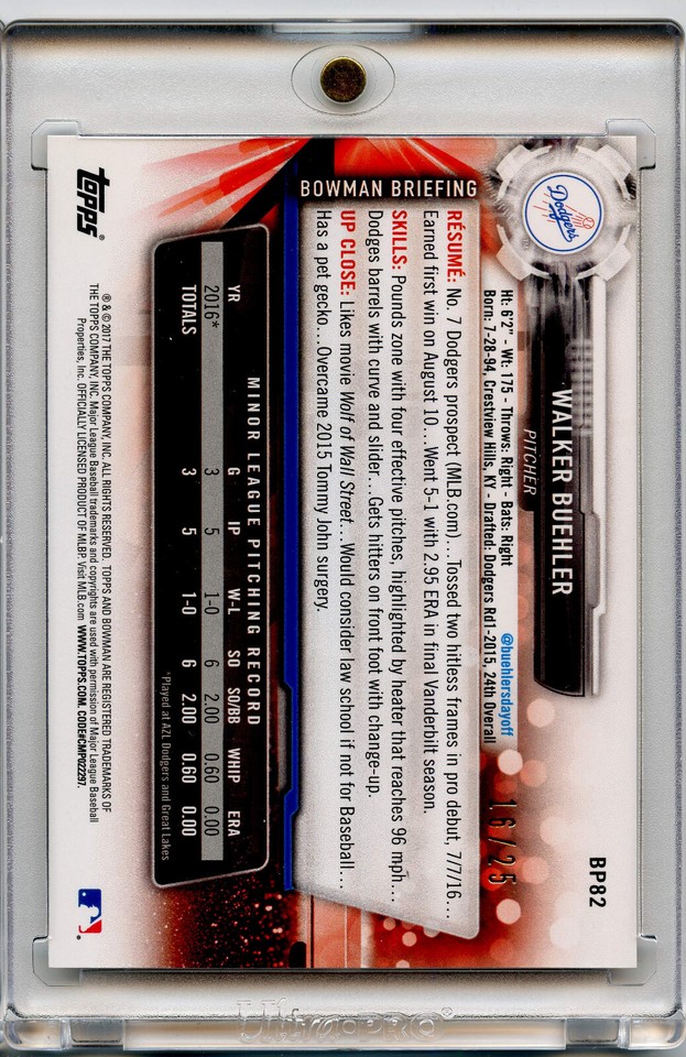 Walker Buehler 2017 Bowman Orange Prospects RC #/25 BP82 Rookie Card Dodgers | eBay