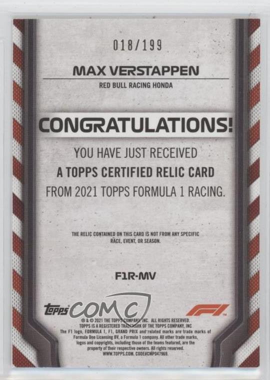 2021 Topps Formula 1 F1 Relics /199 Max Verstappen #F1R-MV | eBay