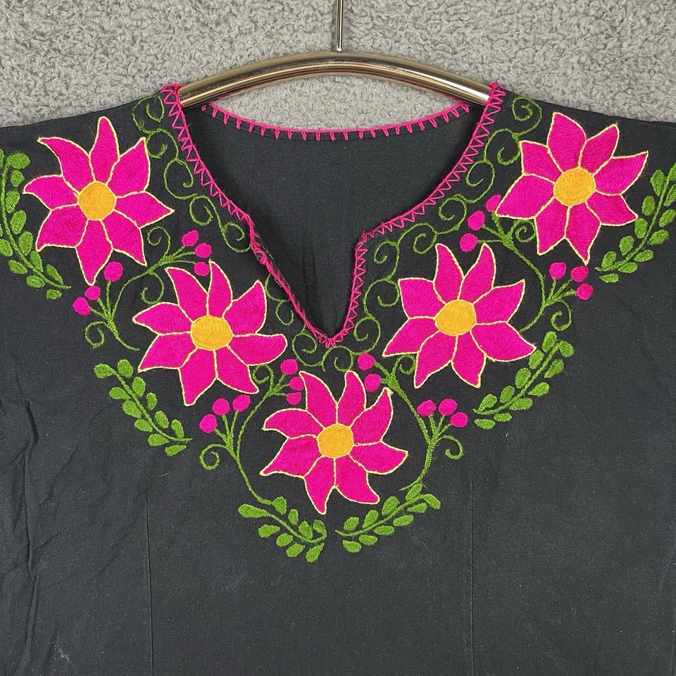 Mexican Fiesta Tunic Top Handmade Black Pink Floral Embroidered Womens ...