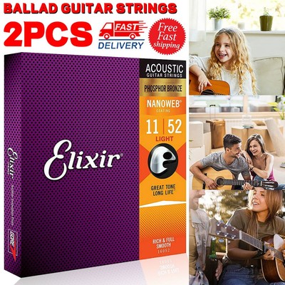 2PACK Elixir Nanoweb Phosphor Bronze 11-52 Acoustic Guitar Strings ...