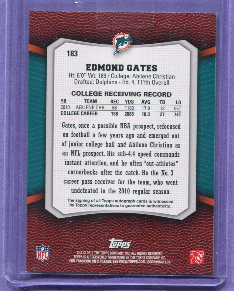 EDMOND GATES MIAMI DOLPHINS ABILENE CHRISTIAN 2011 TOPPS RR AUTOGRAPH ...