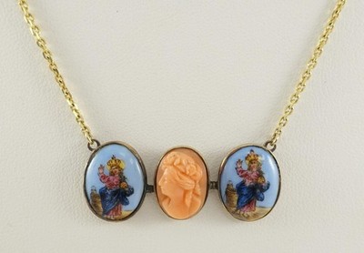 14K yellow gold 20" chain necklace w/ angel skin coral cameo +porcelain ...