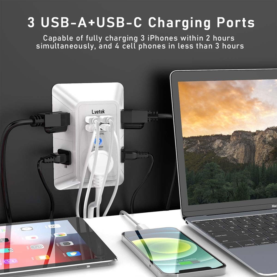 5 Outlet Surge Protector Wall Mountable Charger with 4 USB Ports ...