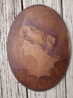 Antique Art Nouveau Female Portrait Pyrography Plaque | eBay