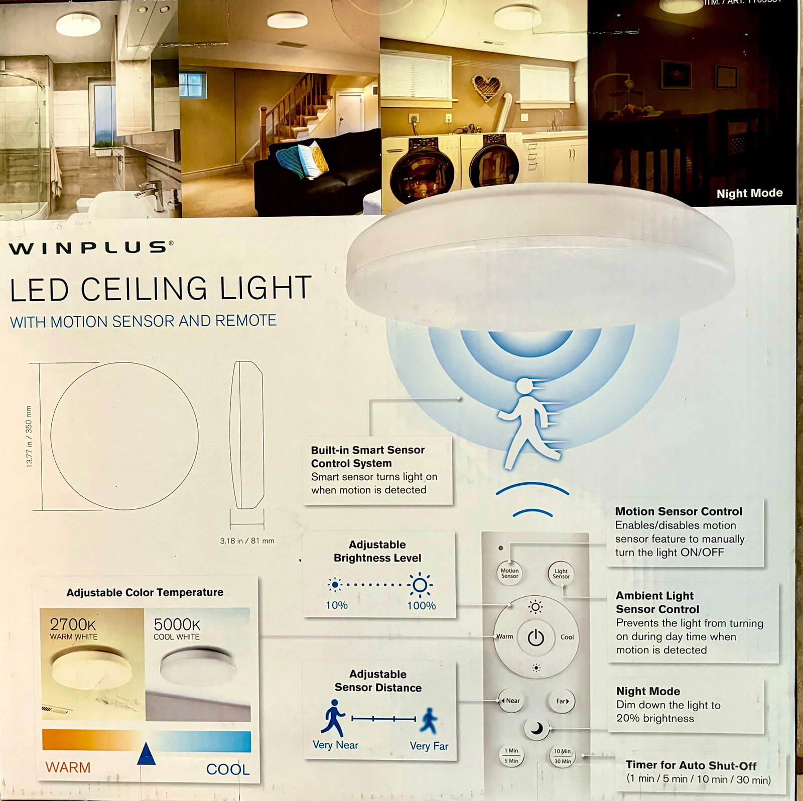 Winplus LTM 116583 Control & Motion Activated LED Ceiling Light with ...