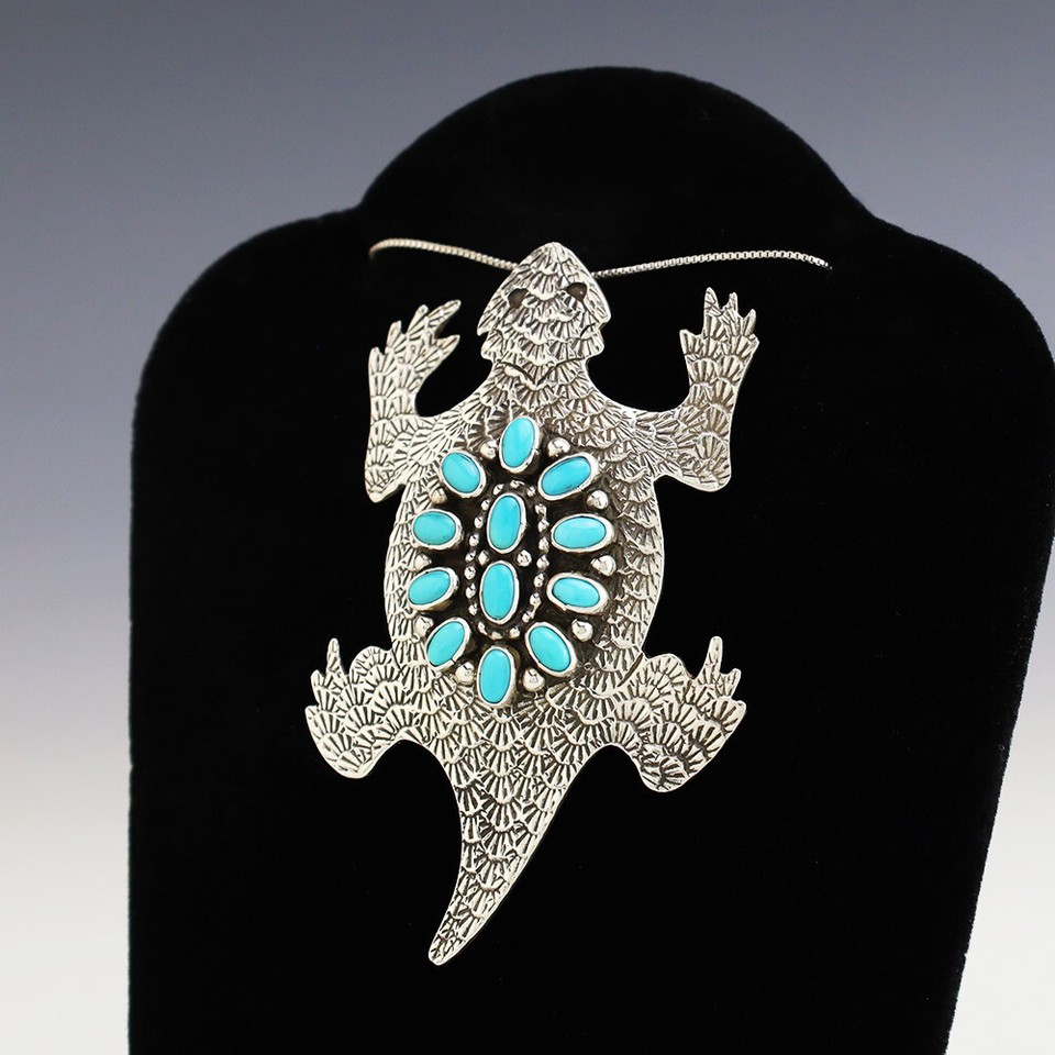 NATIVE AMERICAN NAVAJO SILVER & TURQUOISE HORNED TOAD PIN/PENDANT BY ...