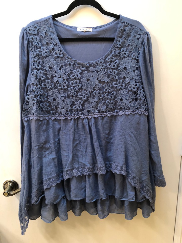 Indigo Soul Sz XL Solid Blue Tiered W/Lace Pullover Layered L/Slv Tunic ...