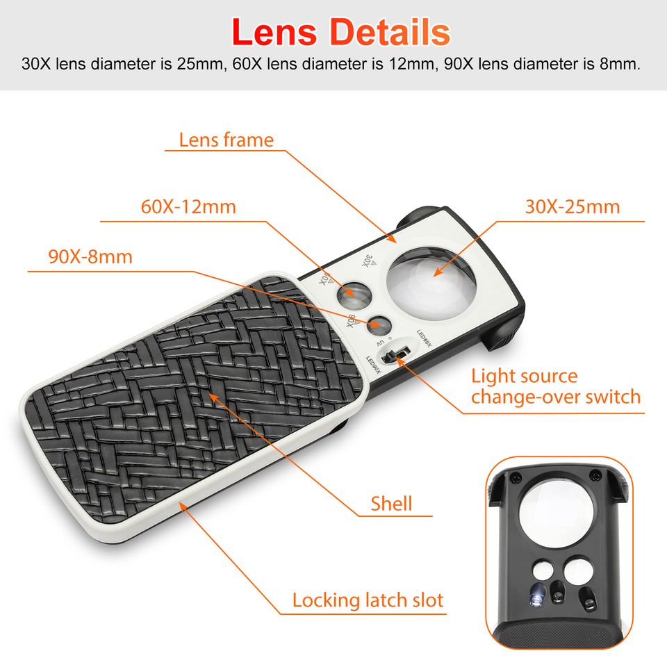 30X 60X 90X Jeweler Magnifier LED Light Jewelry Eye Loop Pocket ...