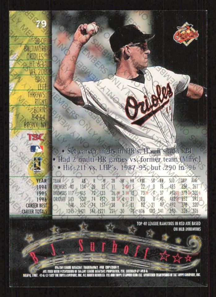 1997 Topps Stadium Club B.J. SURHOFF MEMBERS ONLY card BALTIMORE ...
